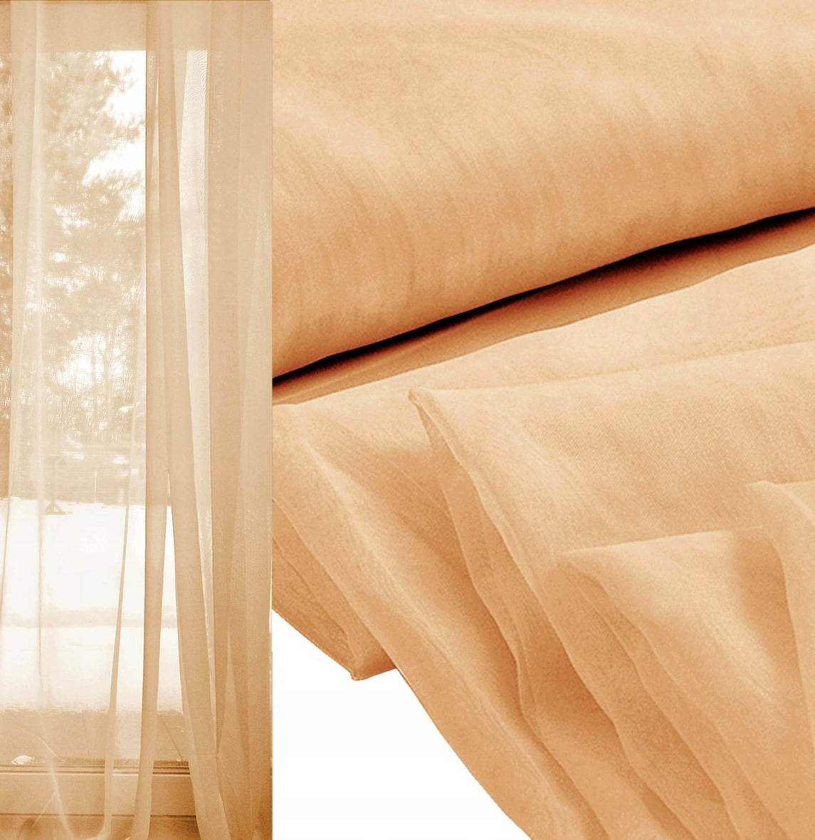 Delikatna zwiewna tkanina firanka, zasłonka na metry woal gładki beżowy ...